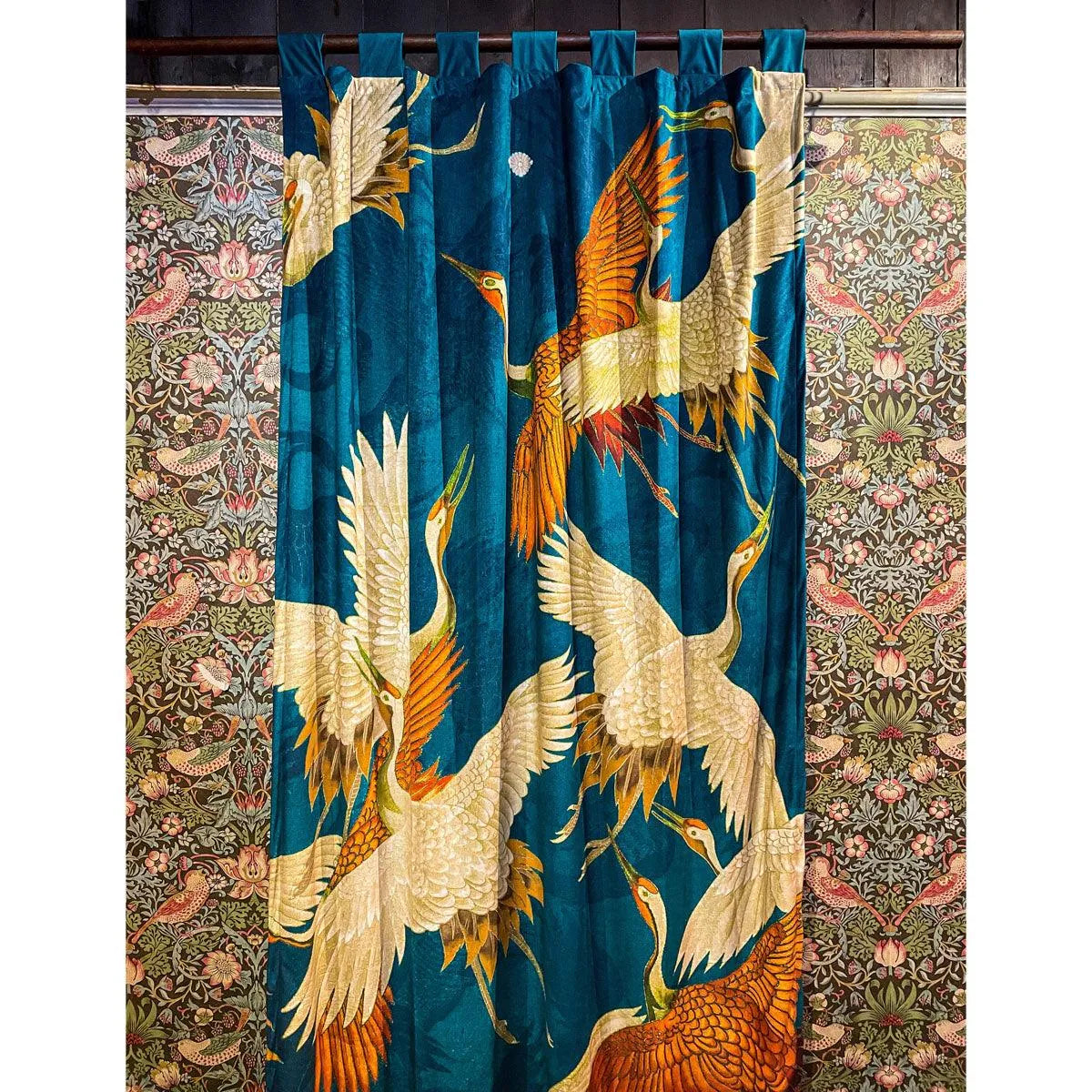 Crane Teal Printed Velvet Panel Curtain - Courthouse Interiors